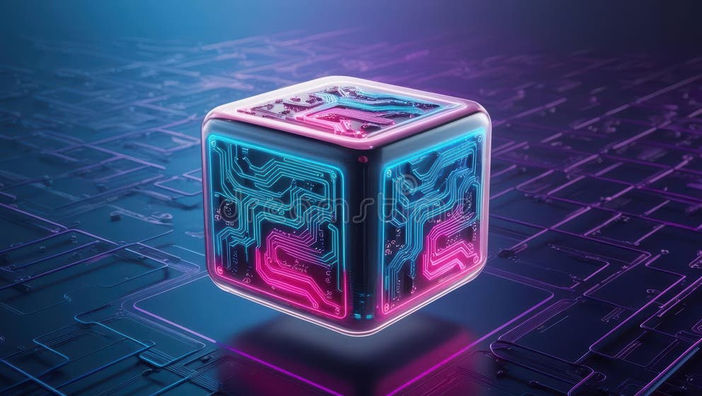 Computer Processor on Keyboard with Futuristic Cube and Neon Circuits ...