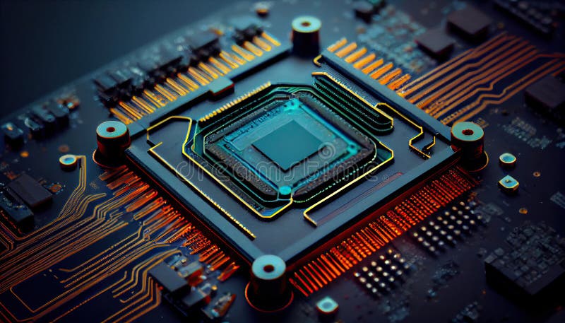 Computer Processor or Micro Chip Close Up with Neon Lights in Blue and ...