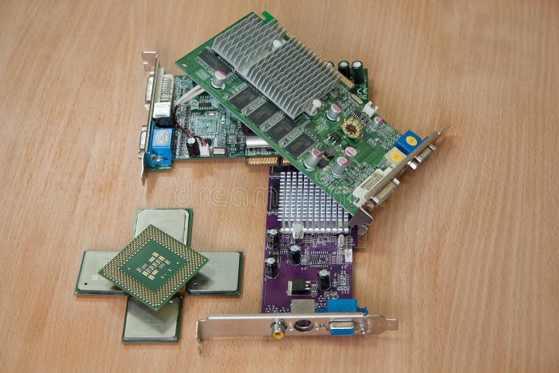 Computer Processors and Graphics Cards on the Desktop Stock Photo ...