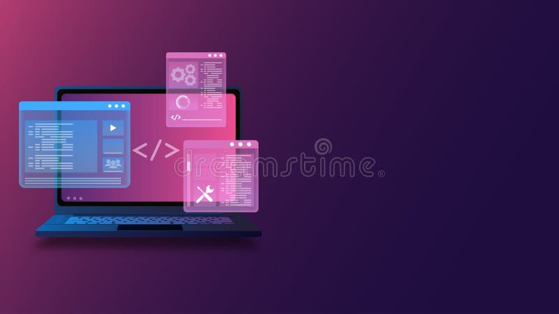 Computer Programing, Coding, Web Development with Isometric Laptop Displaying Futuristic UI ...