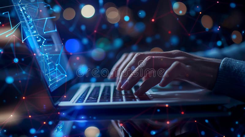 Computer Programmer Coding with Ai on Laptop, Futuristic Technology Background, Data Engineering ...