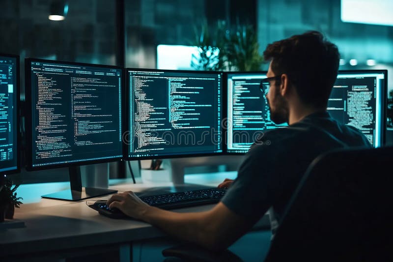 Programmer Working Their Computer Surrounded Monitors Displaying Code Generative Ai Stock Photos ...