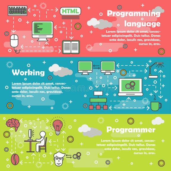 Computer Programmer Concept Vector Flat Line Art Banner Set Stock ...