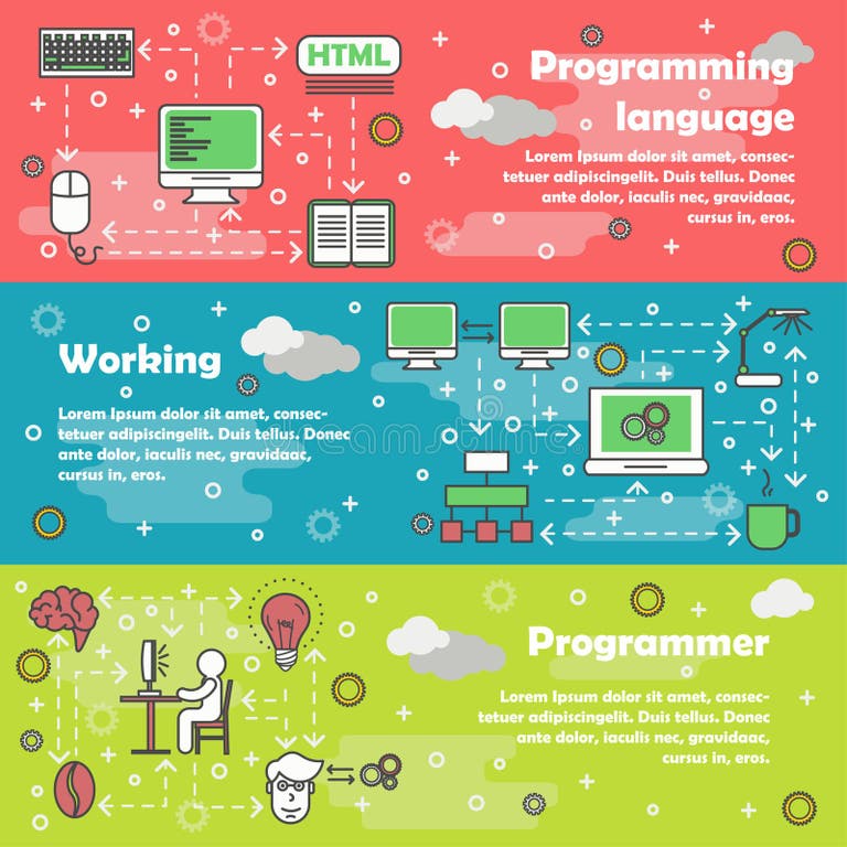 Computer Programmer Concept Vector Flat Line Art Banner Set Stock ...