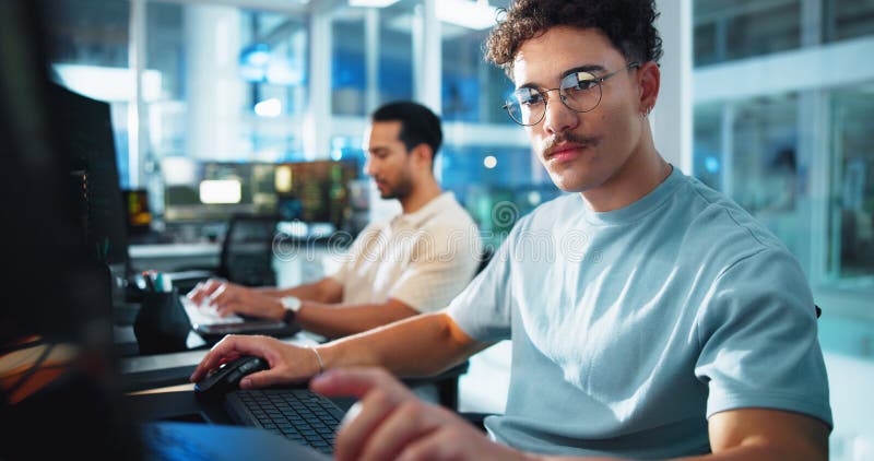 Computer, Programmer and Glasses with Man in Office for Game Designer, Coding App and Ux Update ...