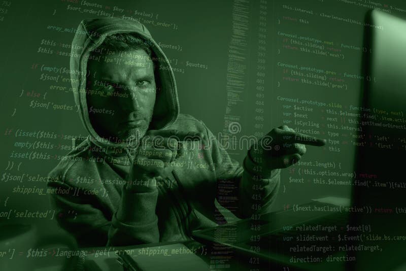 Computer Programmer Man In Hoodie Hacking System Entering Code Typing On Laptop Hacking And