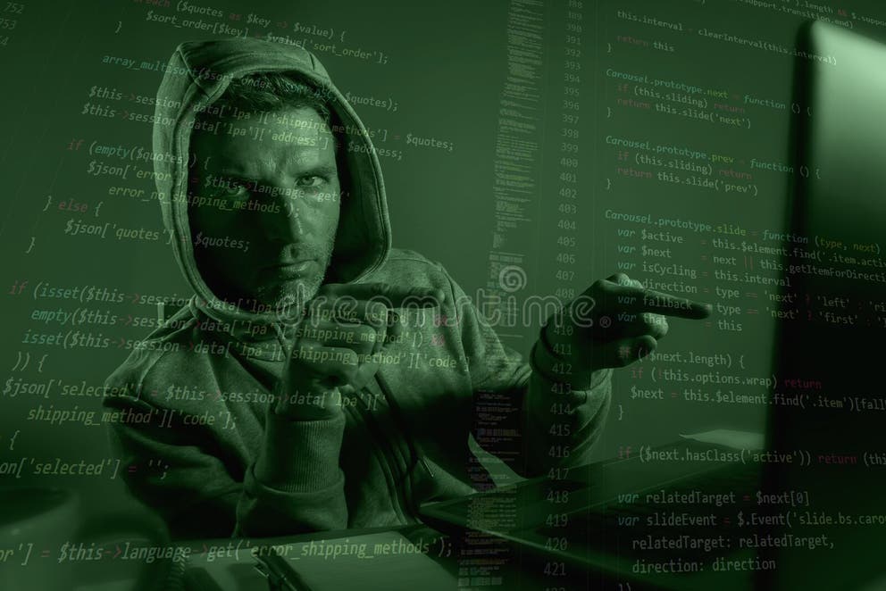 Computer Programmer Man in Hoodie Hacking System Entering Code Pointing ...