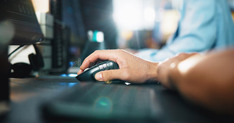 Computer, Programmer and Mouse with Hands of Person in Office for Game ...