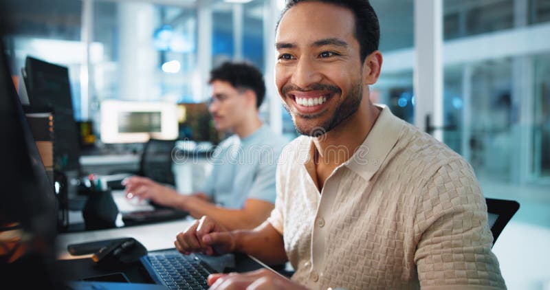 Computer, Programmer and Smile with Man in Office for Game Designer ...