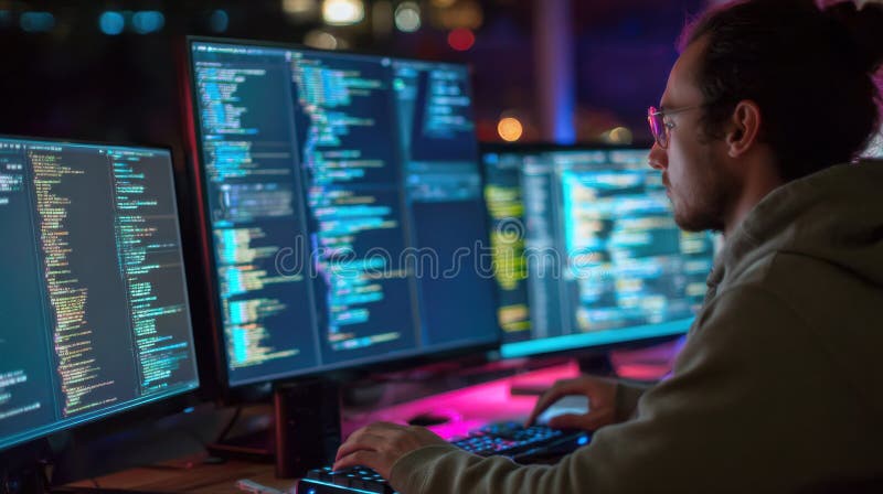Computer Programmer Working Late at Night in a Tech Office Surrounded ...