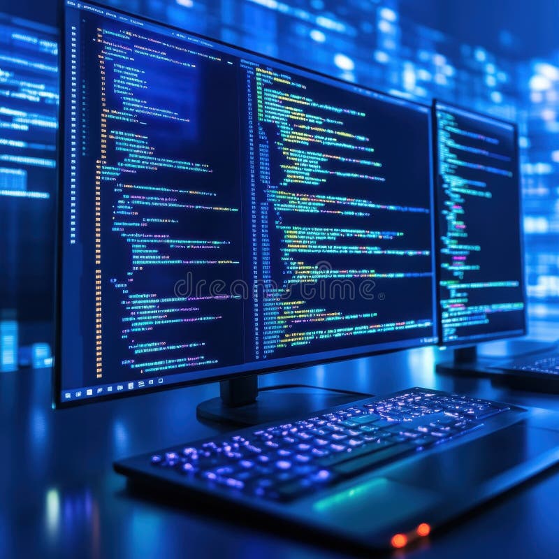 Computer Programmer Working on Multiple Monitors with Blue Coding on Screen and Keyboard ...