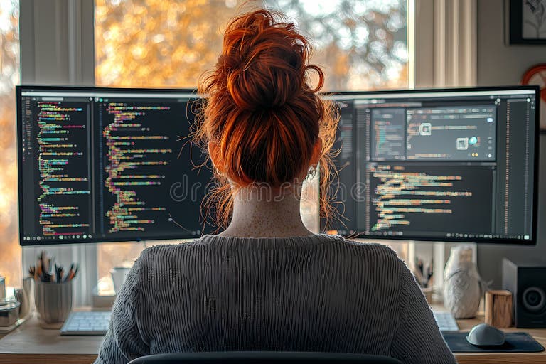 Computer Programmer Writing Code on a Dual Monitor Setup at Home Office Stock Image - Image of ...