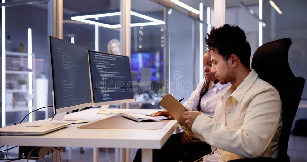 Computer Programmer Writing Program Code on Computer Stock Photo ...