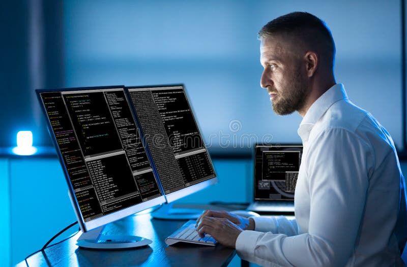 Computer Programmer Writing Program Code On Computer Stock Image Image Of Portrait Coder