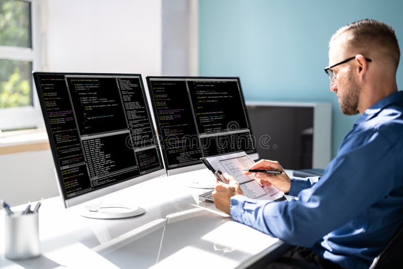 Computer Programmer Writing Program Code On Computer Stock Image Image Of Monitor Coder