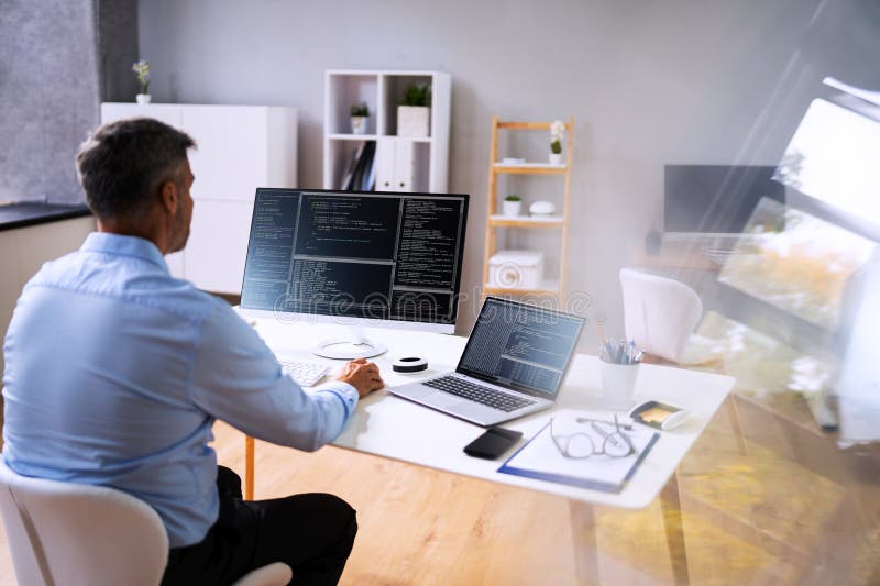Computer Programmer Writing Program Code On Computer Stock Image Image Of Software Desktop