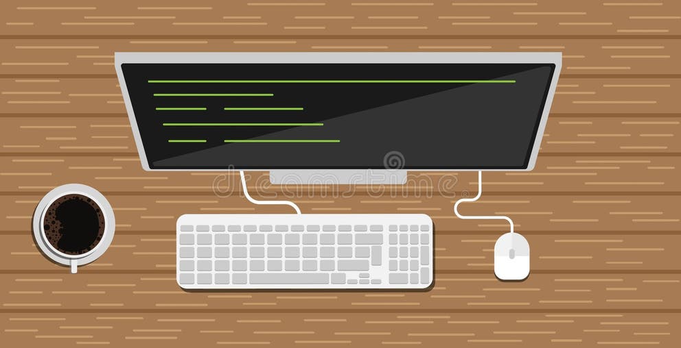Computer with Programming Code on Wooden Background with Coffee Cup Stock Vector - Illustration ...
