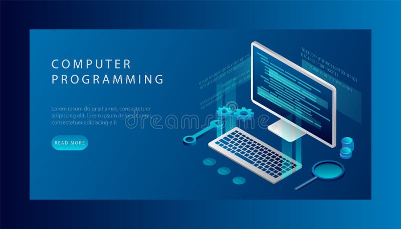 Computer Programming Conceptual Illustration in Cartoon 3D Style. Vector Composition in Neon ...