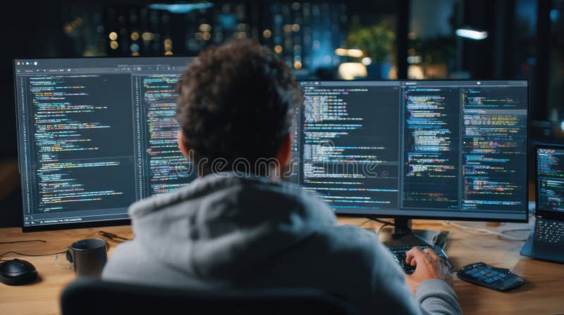 Computer Programming Work at Night with Multiple Monitors Displaying ...