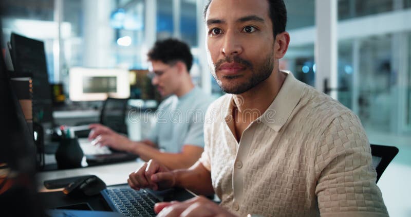 Computer, Reading and Smile of Programmer Man at Desk in Office for Coworking or Software ...