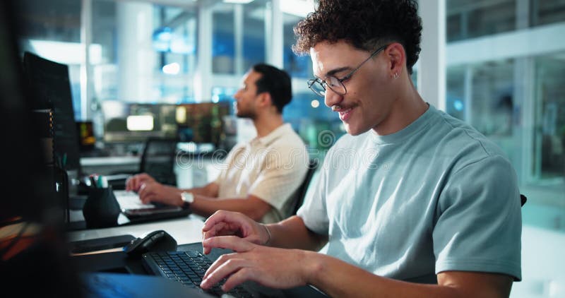 Computer Reading And Typing With Happy Man Programming In Office As 9584