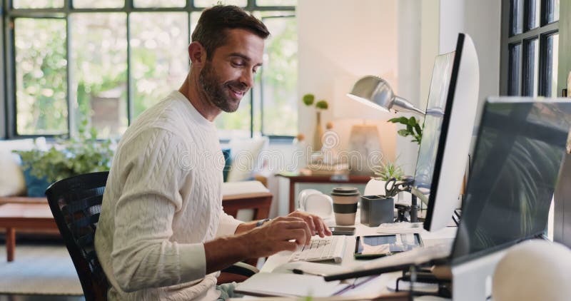 Computer, Reading and Writing with Man in Home Office for Remote Work ...