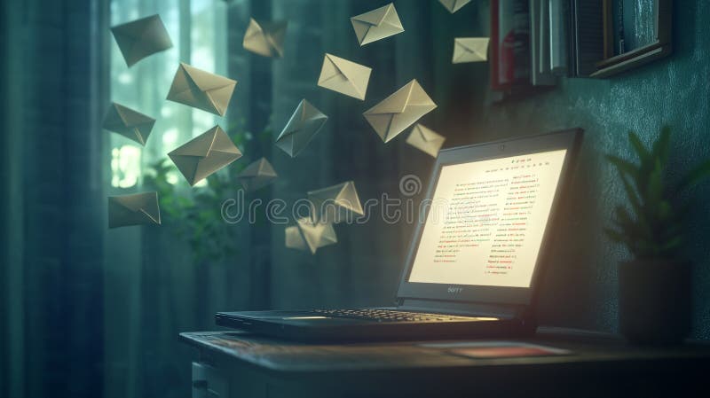 Computer Receiving Floating Envelopes in a Cozy Home Office Setting ...