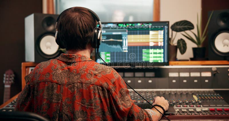 Computer, Recording and Man with Sound Board, Screen and Mixer for ...