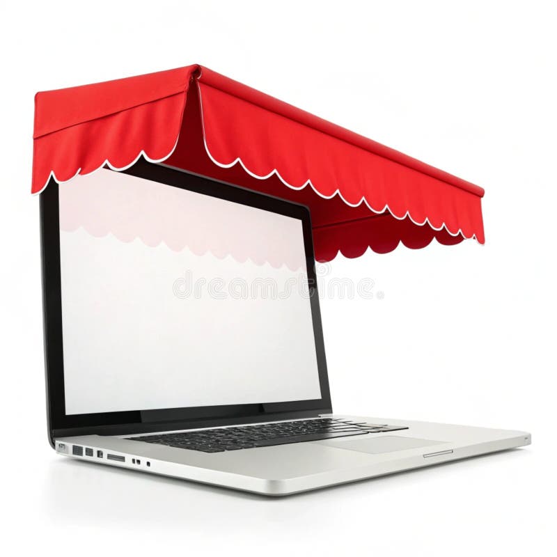Computer with Red Awning Isolated on White Background Stock ...