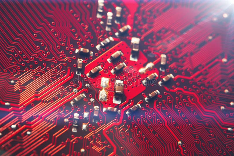 Computer Red Electronic Microcircuits Concept Background, Closeup Stock ...