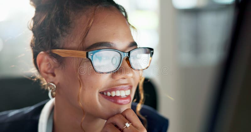 Computer, Reflection and Woman in Office with Glasses, Smile and ...