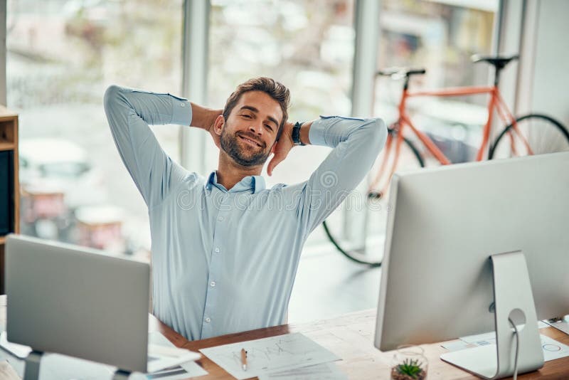 Computer, Relax and Smile with Business Man in Office To Complete or ...