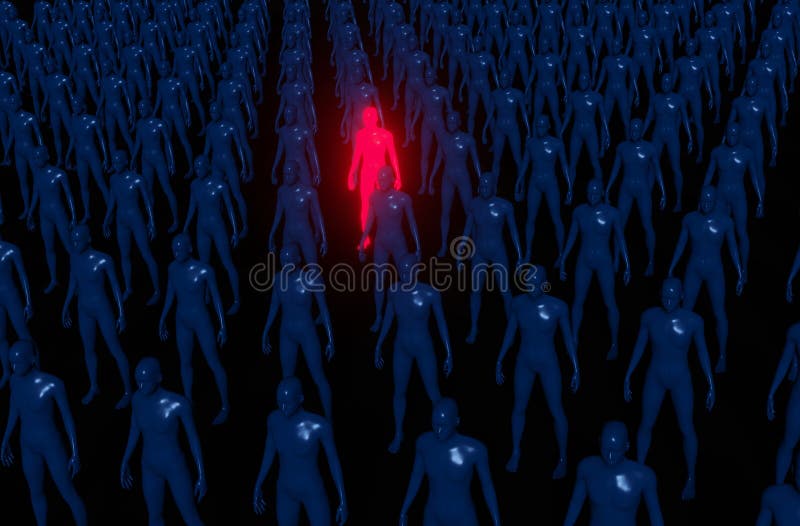 3d Glowing Red Man Standing in a Crowd of Blue Humans Arranged in a Row ...