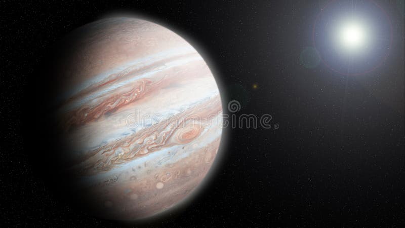 Computer Rendition of Planet Jupiter with Sun in the Distance Stock ...