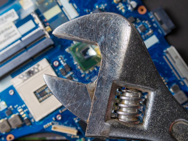 Computer Repair Concept. Old Rusty Passages on a Blue Laptop ...