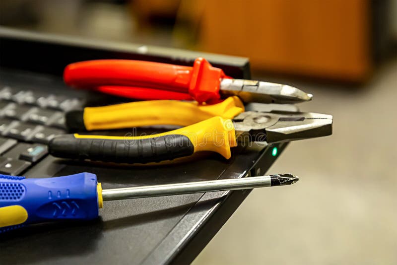 Computer Server Repair Tool Lie a Pile on the Edge of the Metal Table ...