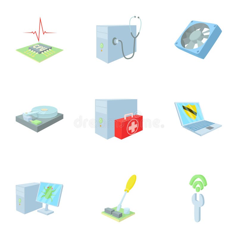 Computer Repair Icons Set, Cartoon Style Stock Vector - Illustration of ...