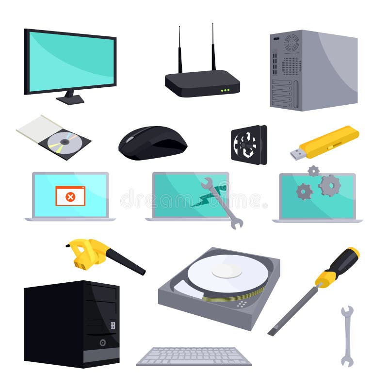 Computer Repair Icons Set, Cartoon Style Stock Vector - Illustration of ...