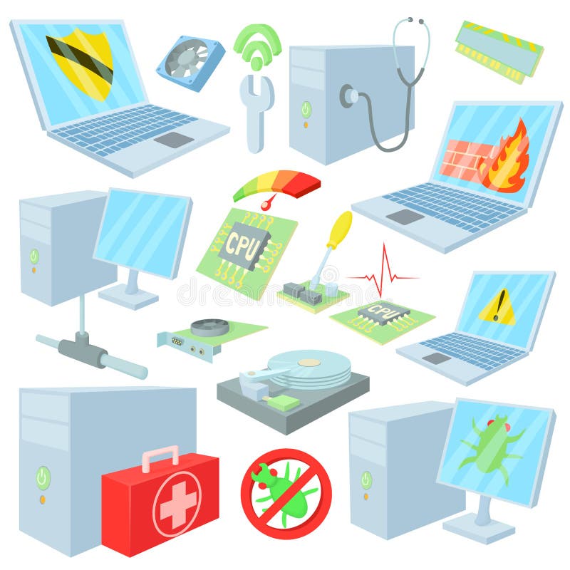 Computer Repair Icons Set, Cartoon Style Stock Vector - Illustration of ...