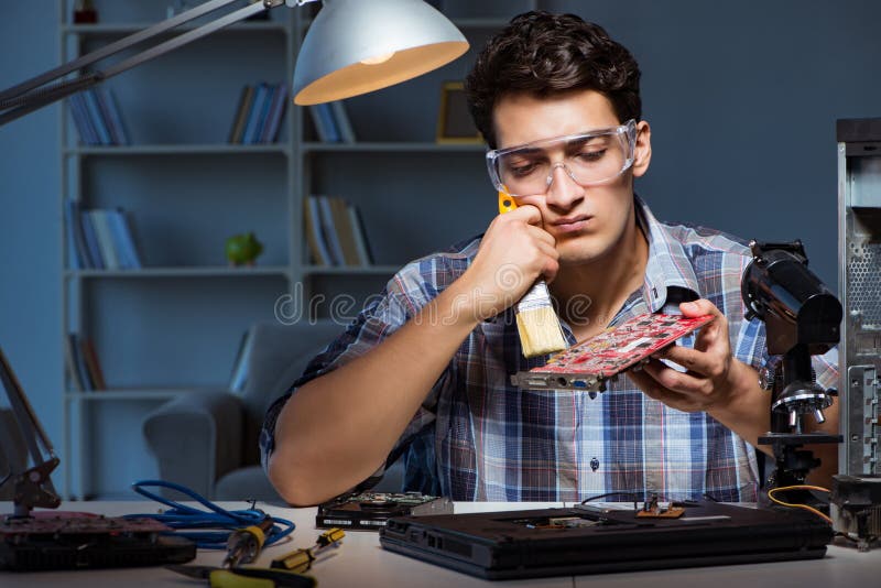 The Computer Repair Man Cleaning Dust with Brush Stock Image - Image of ...