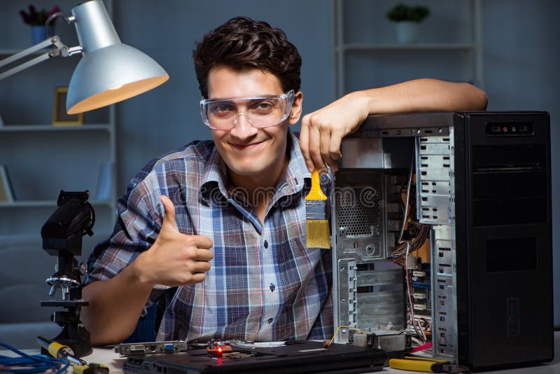 The Computer Repair Man Cleaning Dust with Brush Stock Photo - Image of ...