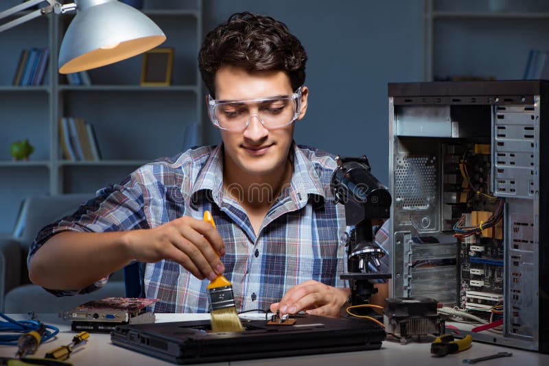 The Computer Repair Man Cleaning Dust with Brush Stock Photo - Image of ...