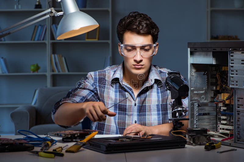 The Computer Repair Man Cleaning Dust with Brush Stock Photo - Image of ...