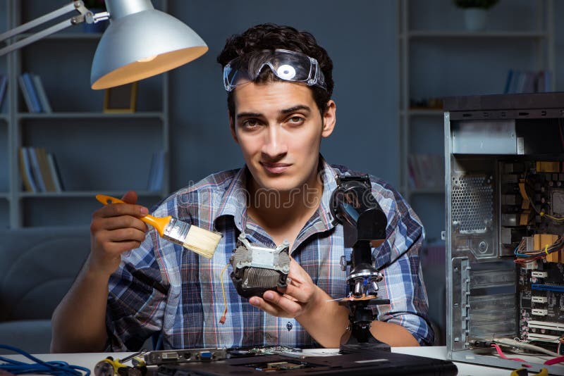The Computer Repair Man Cleaning Dust with Brush Stock Image - Image of ...