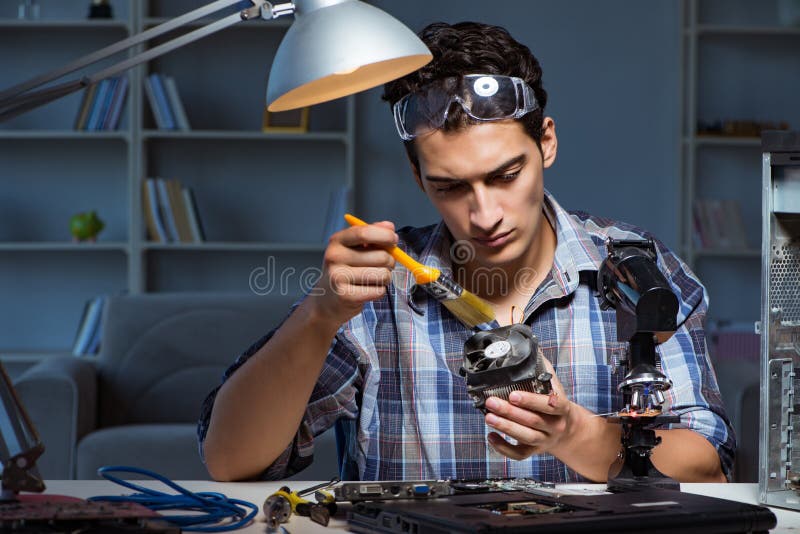 The Computer Repair Man Cleaning Dust with Brush Stock Image - Image of ...
