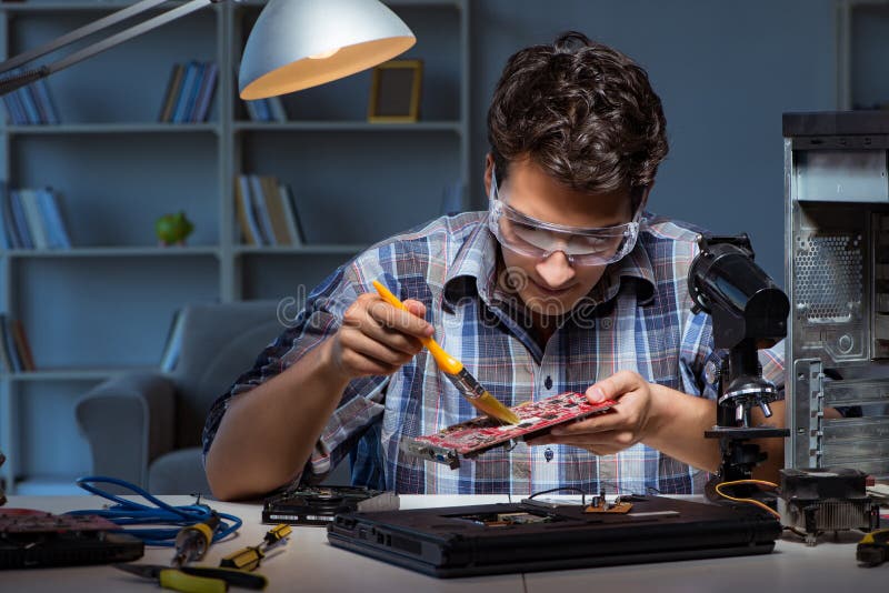 The Computer Repair Man Cleaning Dust with Brush Stock Image - Image of ...