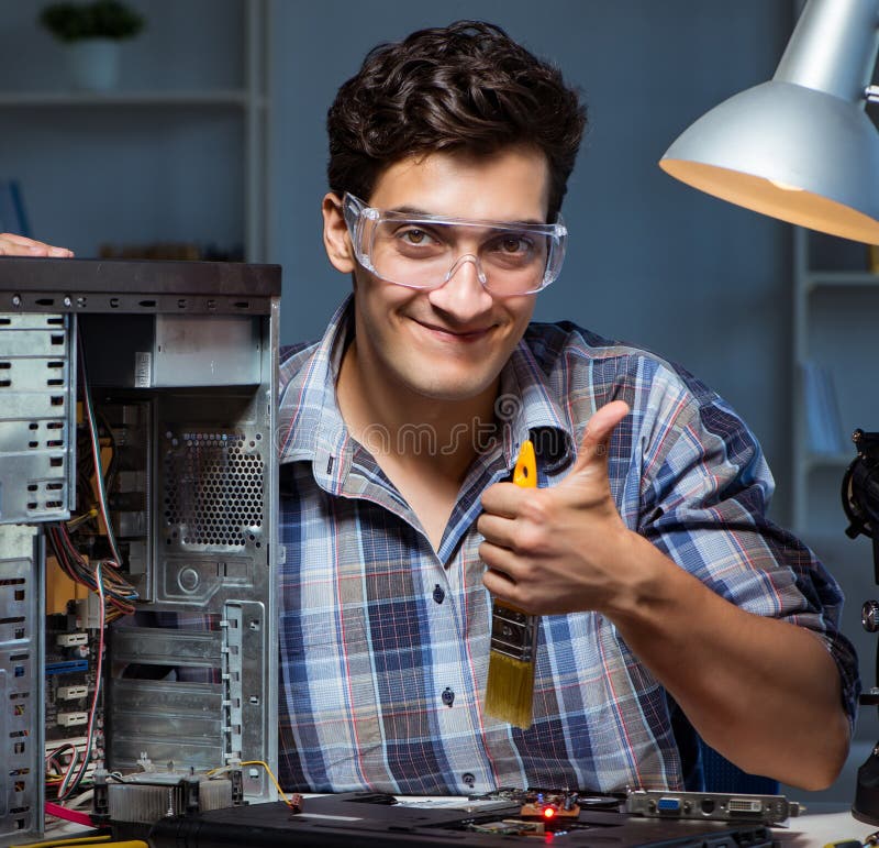 The Computer Repair Man Cleaning Dust with Brush Stock Photo - Image of ...