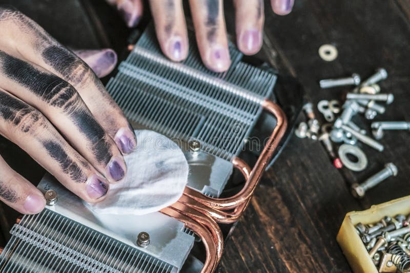 Computer Repair Master with Dark Dirty Hands Cleaning the Electronic ...