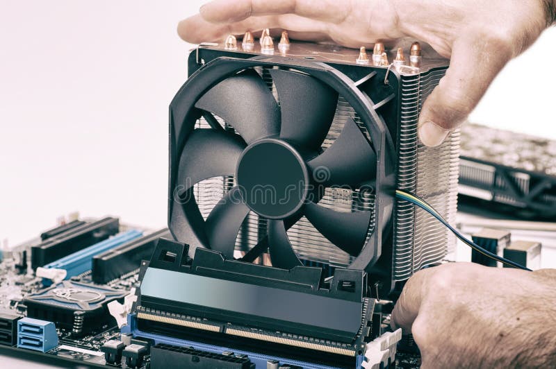 Computer Repair, the Master Installs the Cooler in the Computer, the ...