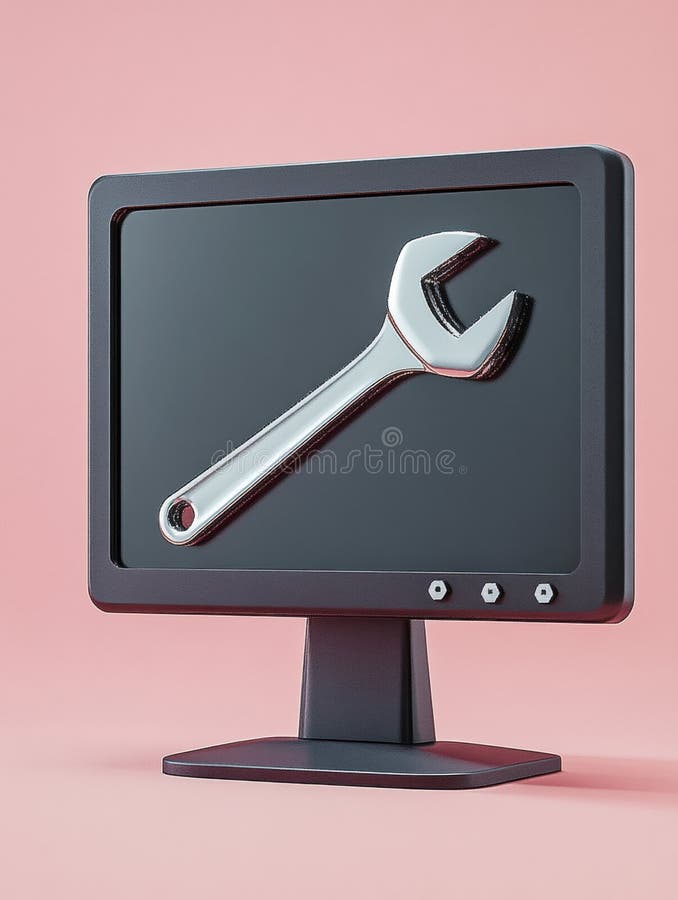 Computer Repair Monitor Icon with Wrench and Nut Overlay Designed for Efficient Tech Service and ...